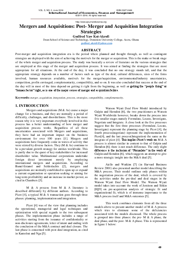 (PDF) Mergers and Acquisitions: Post-Merger and Acquisition Integration ...