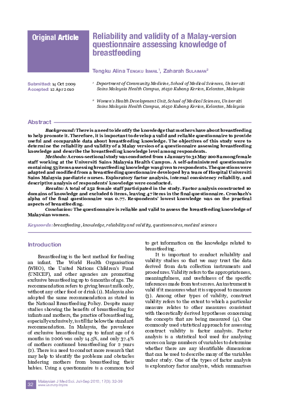 Pdf Reliability And Validity Of A Malay Version Questionnaire Assessing Knowledge Of Breastfeeding