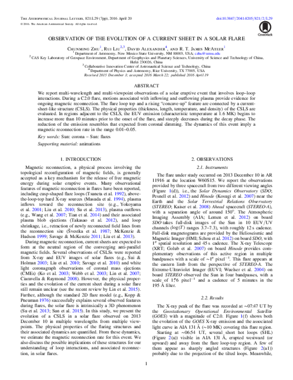 (PDF) OBSERVATION OF THE EVOLUTION OF A CURRENT SHEET IN A SOLAR FLARE