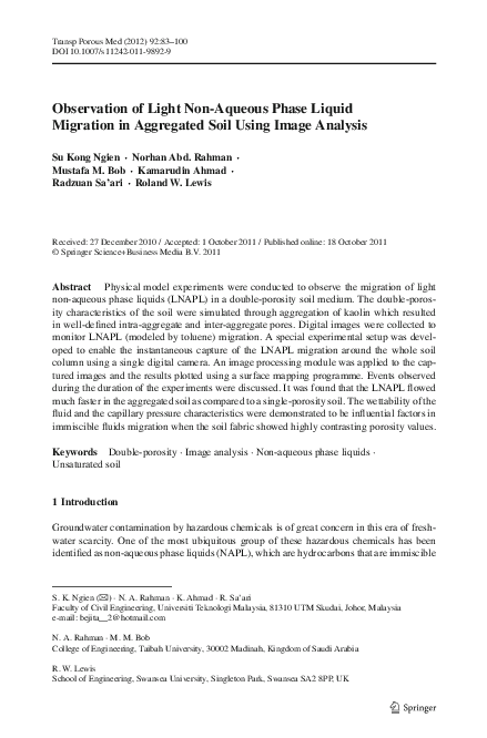 (PDF) Observation of Light Non-Aqueous Phase Liquid Migration in ...