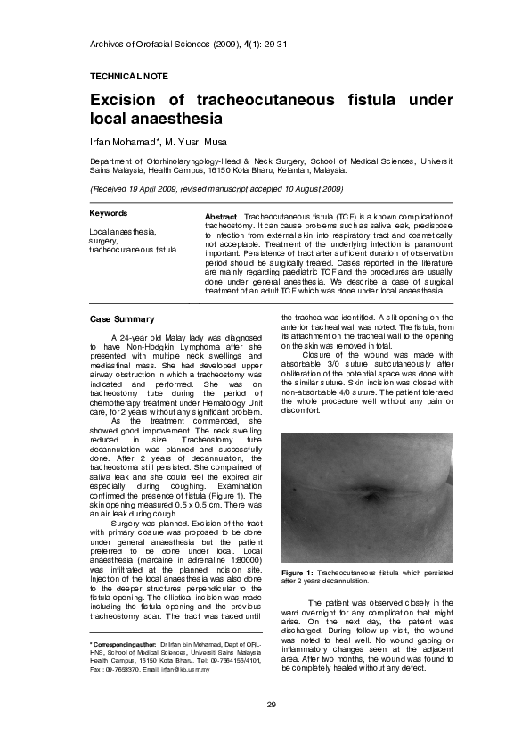 (PDF) Excision of tracheocutaneous fistula under local anaesthesia