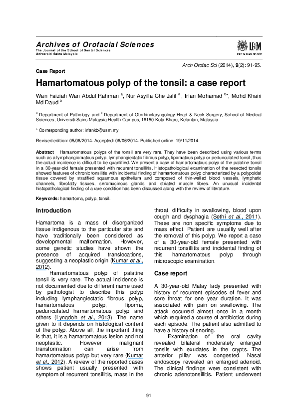 (PDF) Hamartomatous polyp of the tonsil: a case report