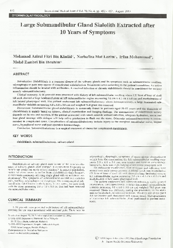 (PDF) Large Submandibular Gland Sialolith Extracted After 10 Years of ...