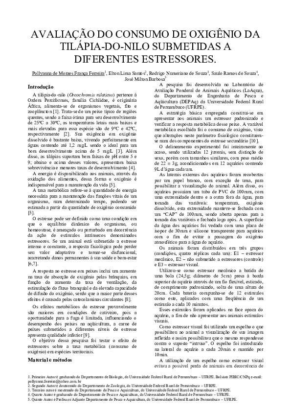 (PDF) Avaliação Do Consumo De Oxigênio Da Tilápia-Do-Nilo Submetidas a ...