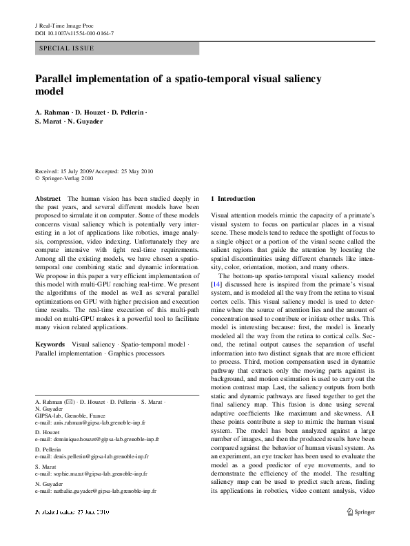 (PDF) Parallel implementation of a spatio-temporal visual saliency model | Nathalie Guyader ...