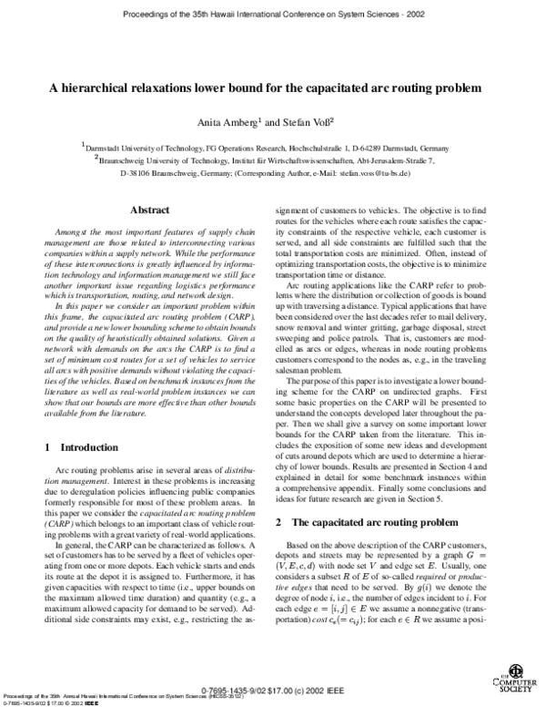 Pdf A Hierarchical Relaxations Lower Bound For The Capacitated Arc Routing Problem Stefan