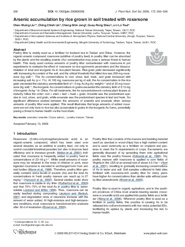 (PDF) Arsenic accumulation by rice grown in soil treated with roxarsone