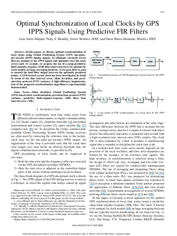 Pdf Optimal Synchronization Of Local Clocks By Gps 1pps Signals Using Predictive Fir Filters