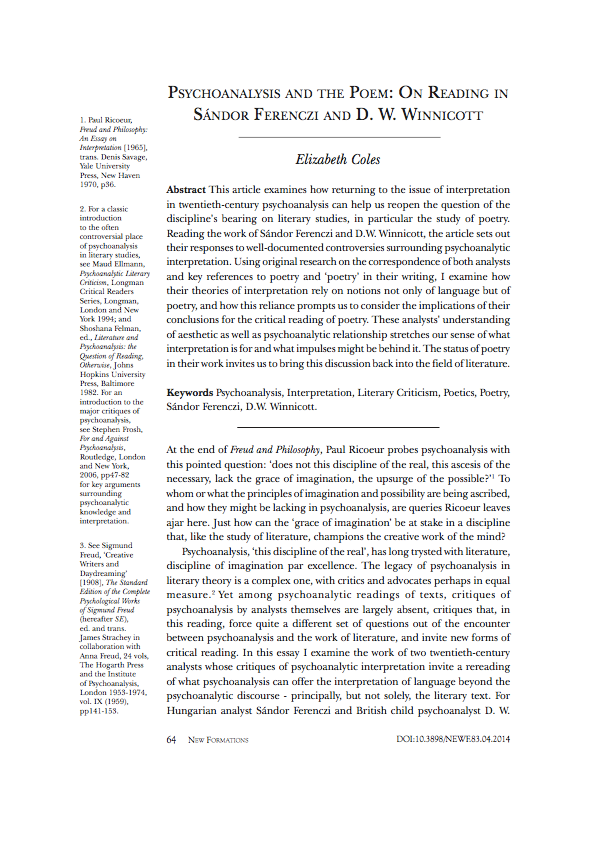 (PDF) Psychoanalysis and the Poem: On Reading in Sándor Ferenczi and D ...