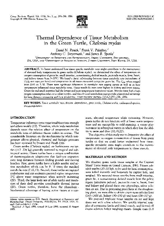 (PDF) Thermal dependence of tissue metabolism in the green turtle ...