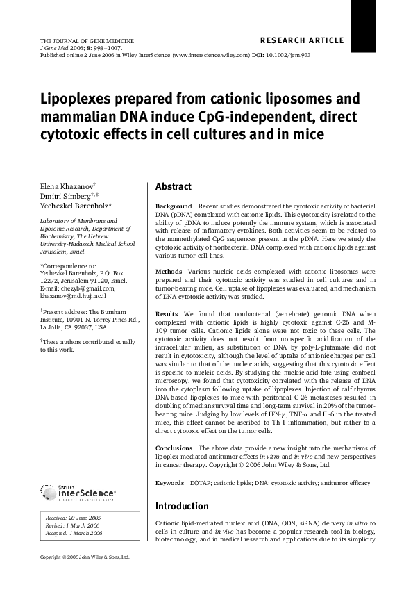 (PDF) Lipoplexes prepared from cationic liposomes and mammalian DNA ...
