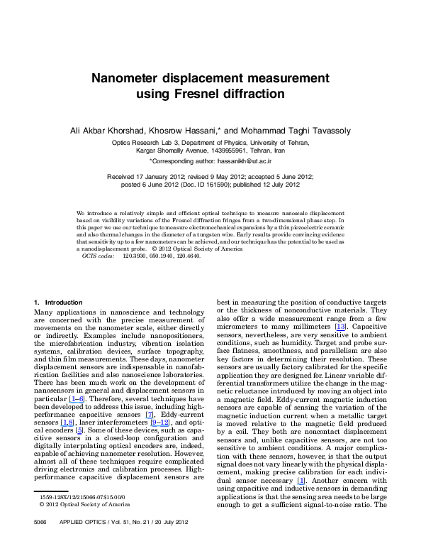 (PDF) Nanometer displacement measurement using Fresnel diffraction ...