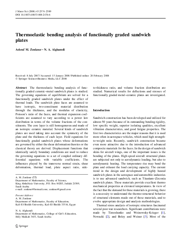 Pdf Thermoelastic Bending Analysis Of Functionally Graded Sandwich Plates