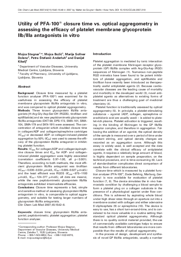 (PDF) Utility of PFA100 ® closure time vs. optical aggregometry in ...
