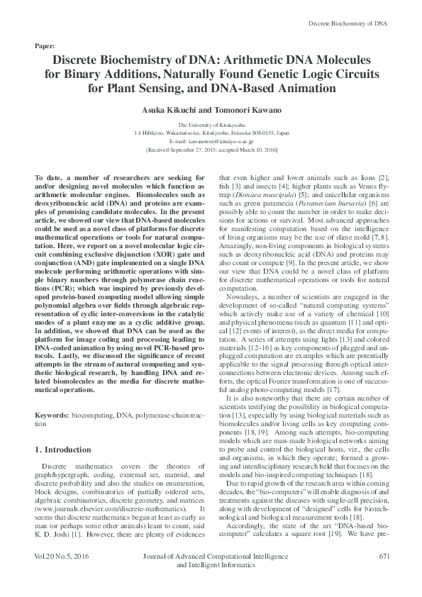 (PDF) Discrete Biochemistry of DNA: Arithmetic DNA Molecules for Binary Additions, Naturally ...