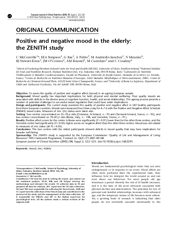 (PDF) Positive and negative mood in the elderly: the ZENITH study