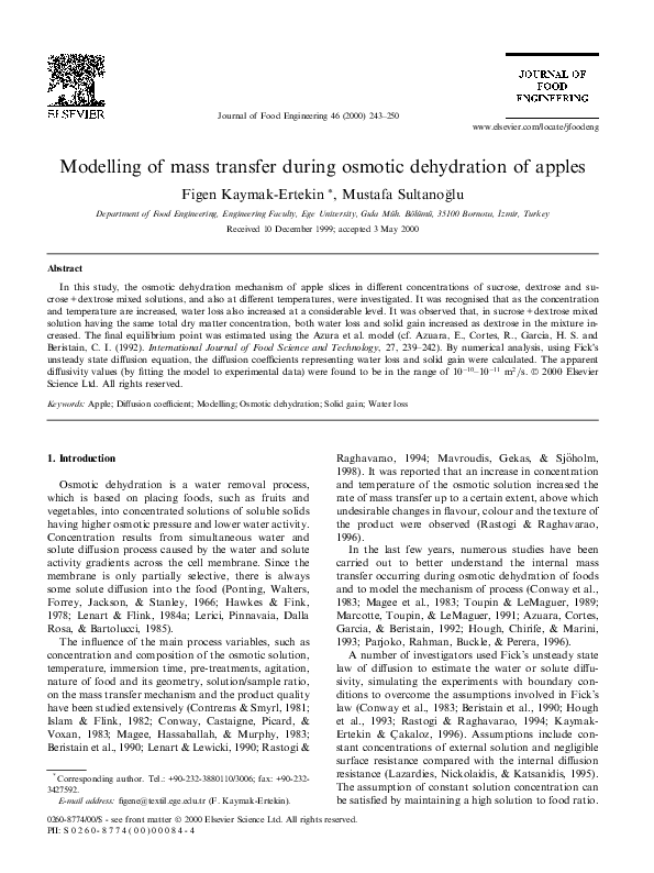 (PDF) Modelling of mass transfer during osmotic dehydration of apples