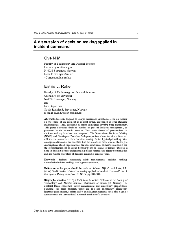 (PDF) A discussion of decision making applied in incident command