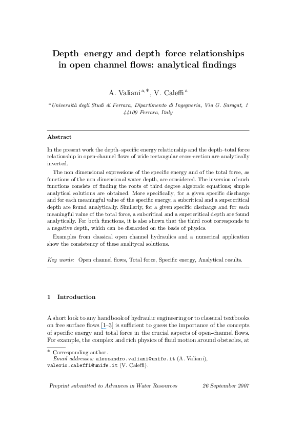 (PDF) Depth–energy and depth–force relationships in open channel flows ...