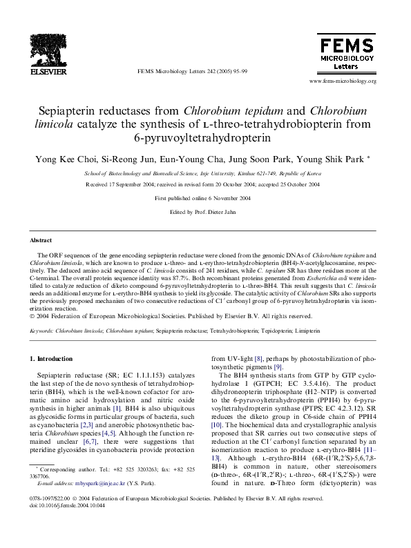 (PDF) Sepiapterin reductases from Chlorobium tepidum and Chlorobium ...