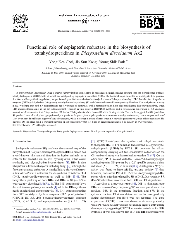 (PDF) Functional role of sepiapterin reductase in the biosynthesis of ...