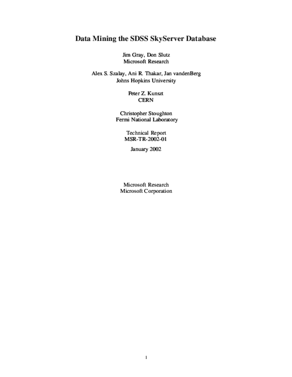(PDF) Data Mining the SDSS SkyServer Database