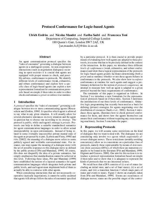 Pdf Protocol Conformance For Logic Based Agents