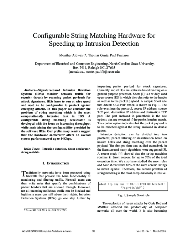 (PDF) Configurable string matching hardware for speeding up intrusion detection