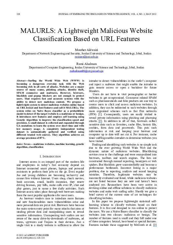 (PDF) MALURLS: A Lightweight Malicious Website Classification Based on ...