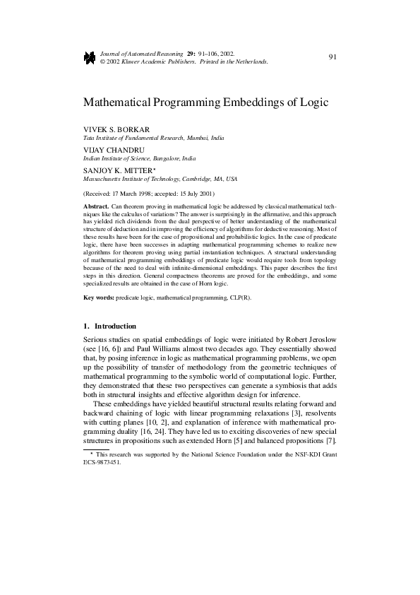 (PDF) Mathematical Programming Embeddings of Logic