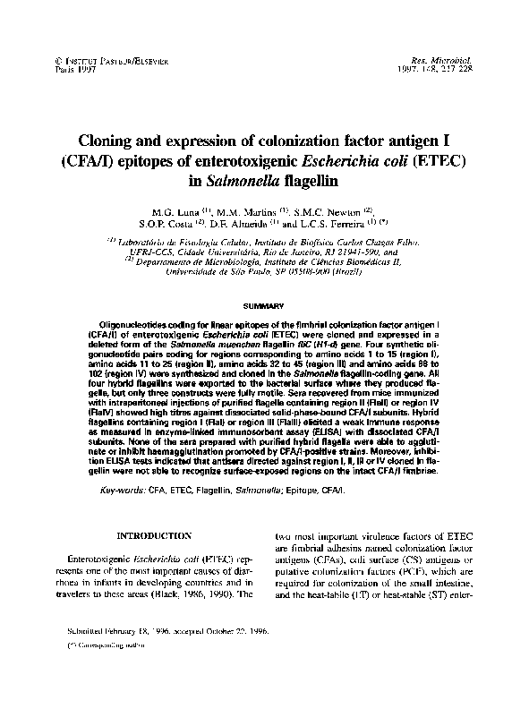 (PDF) Cloning and expression of colonization factor antigen I (CFA/I ...