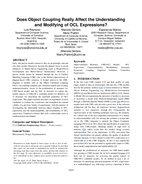 (PDF) Does object coupling really affect the understanding and modifying of OCL expressions