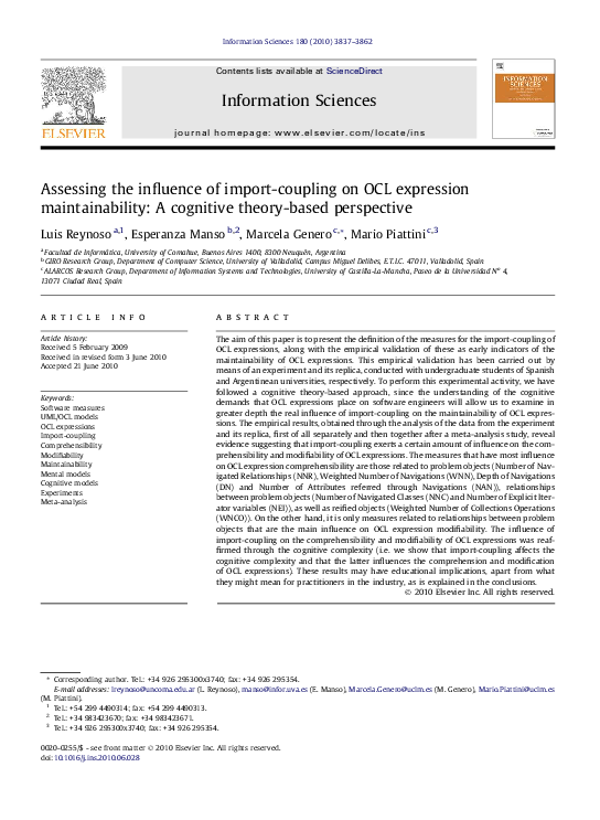 (PDF) Assessing the influence of import-coupling on OCL expression maintainability: A cognitive ...