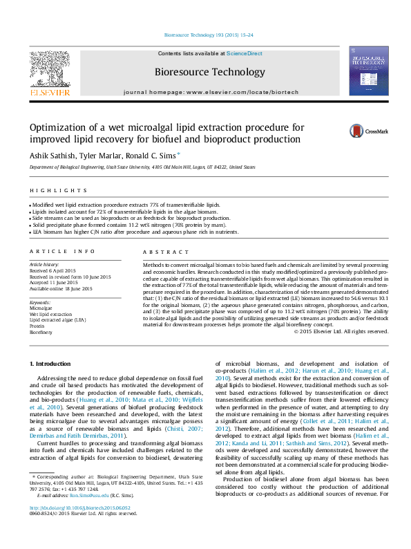 (PDF) Optimization of a Wet Microalgal Lipid Extraction Procedure for Improved Lipid Recovery ...