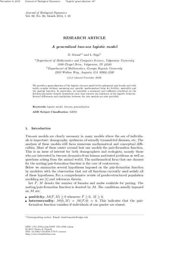 Pdf A Generalized Two Sex Logistic Model