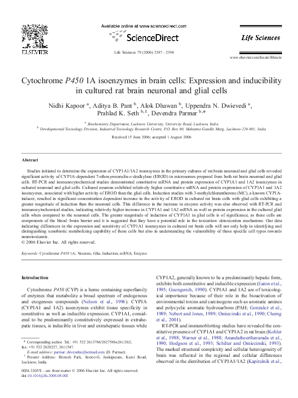(PDF) Cytochrome P450 1A isoenzymes in brain cells: Expression and inducibility in cultured rat ...