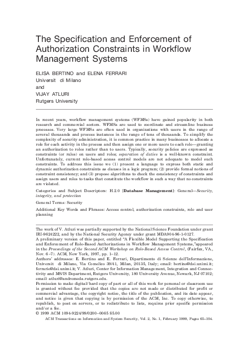 (PDF) The specification and Enforcement of Authorization Constraints in Workflow Management Systems