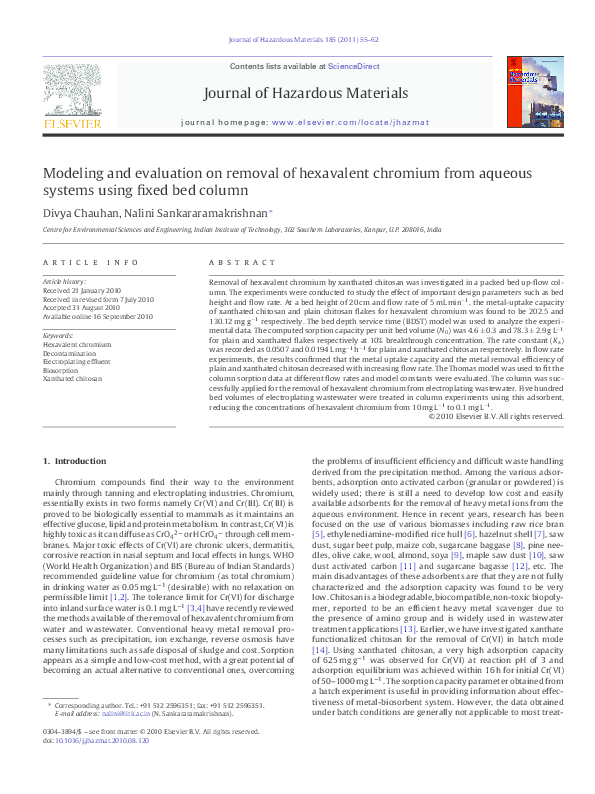 Pdf Modeling And Evaluation On Removal Of Hexavalent Chromium From