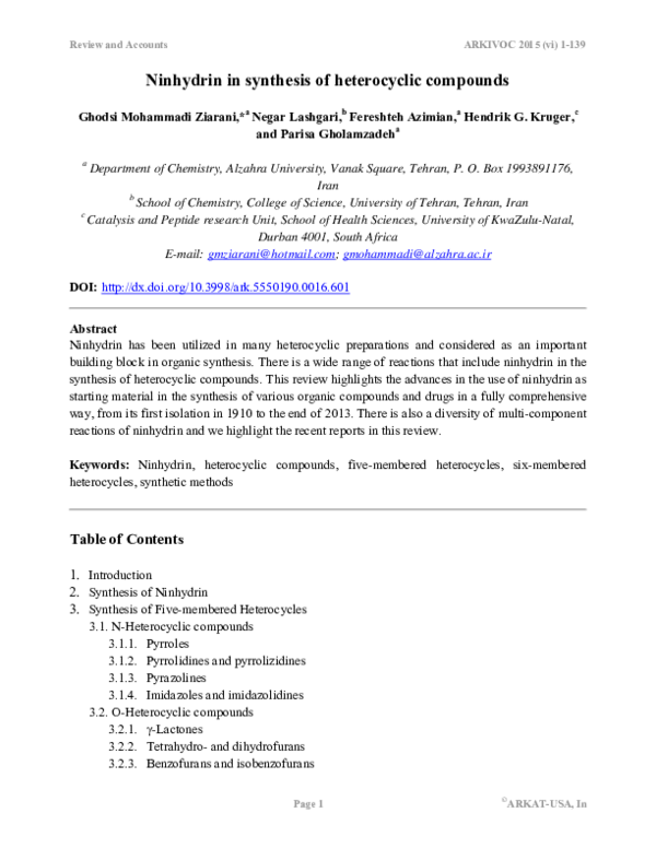 (PDF) Ninhydrin in synthesis of heterocyclic compounds