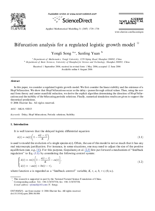 Pdf Bifurcation Analysis For A Regulated Logistic Growth Model