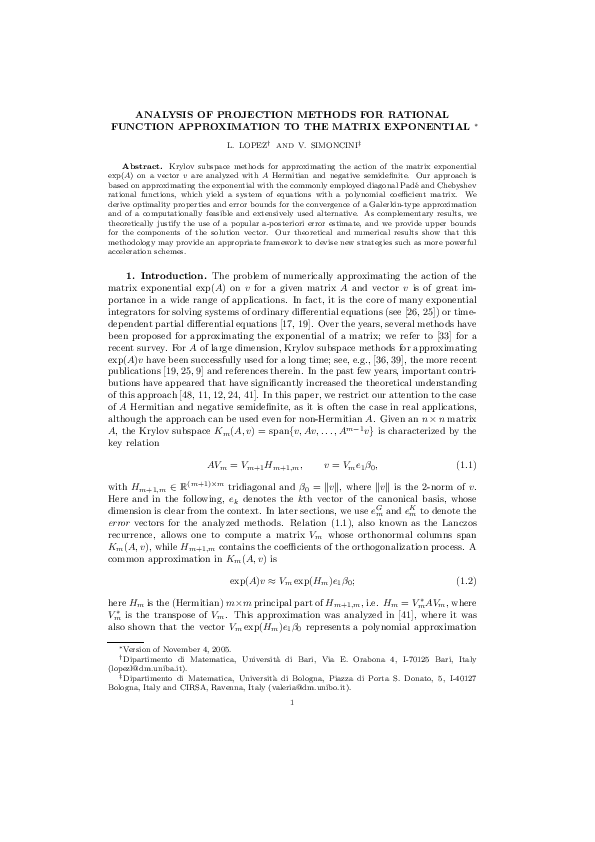 Pdf Analysis Of Projection Methods For Rational Function Approximation To The Matrix Exponential