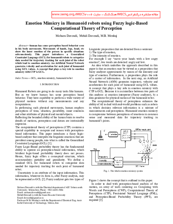 Pdf Emotion Mimicry In Humanoid Robots Using Fuzzy Logic Based Computational Theory Of