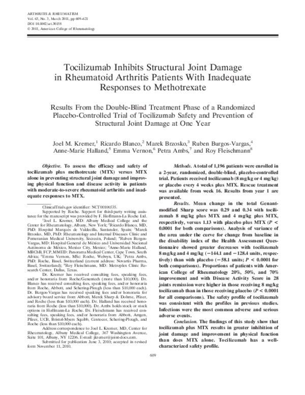 (PDF) Tocilizumab inhibits structural joint damage in rheumatoid arthritis patients with ...