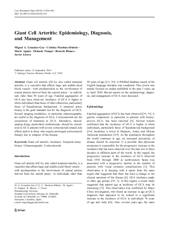 Pdf Giant Cell Arteritis Epidemiology Diagnosis And Management