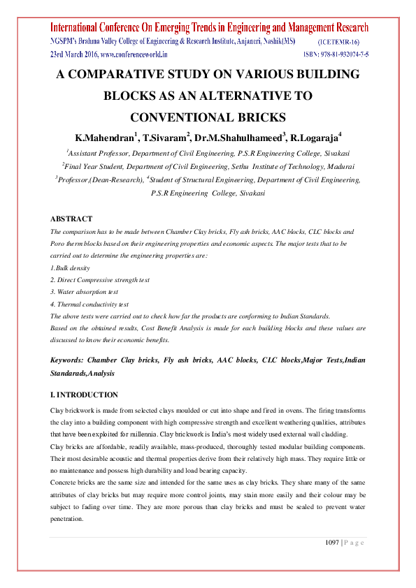 (PDF) A COMPARATIVE STUDY ON VARIOUS BUILDING BLOCKS AS AN ALTERNATIVE ...