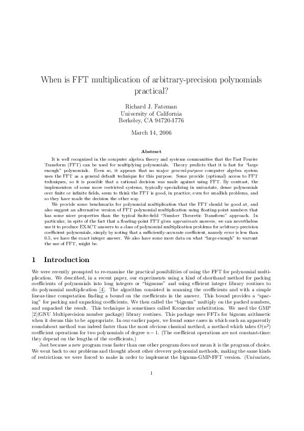 (PDF) When is FFT multiplication of arbitrary-precision polynomials ...