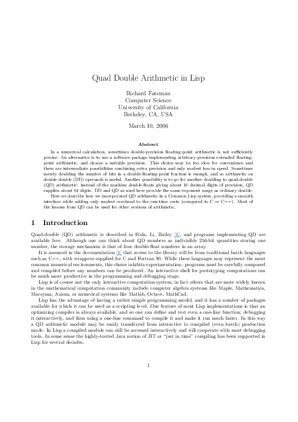 (PDF) Quad Double Arithmetic in Lisp