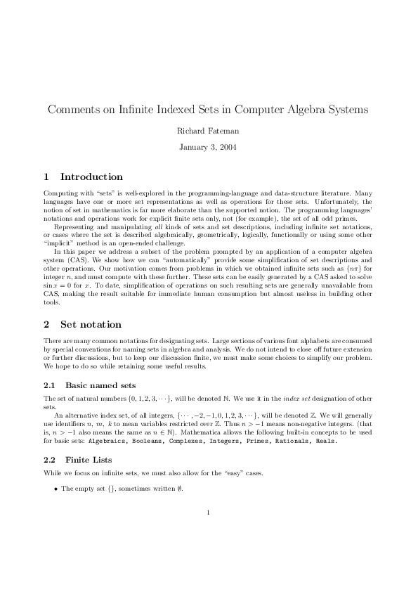 (PDF) Comments on Infinite Indexed Sets in Computer Algebra Systems
