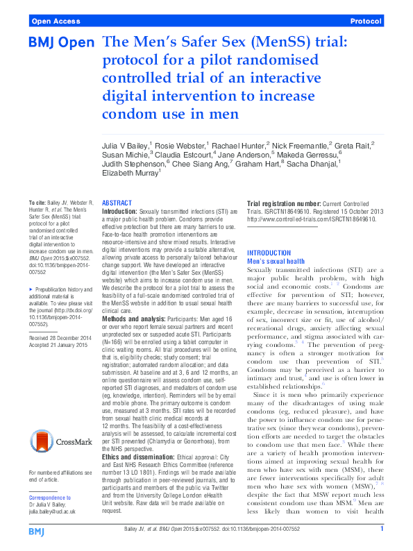 Pdf The Mens Safer Sex Menss Trial Protocol For A Pilot
