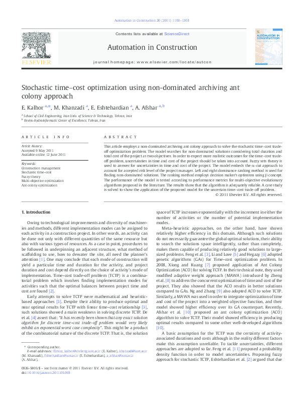 (PDF) Stochastic time–cost optimization using non-dominated archiving ant colony approach